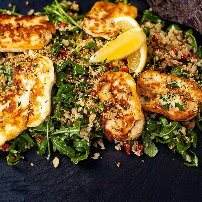 Easy Keto Halloumi Salad with Cauliflower Couscous
